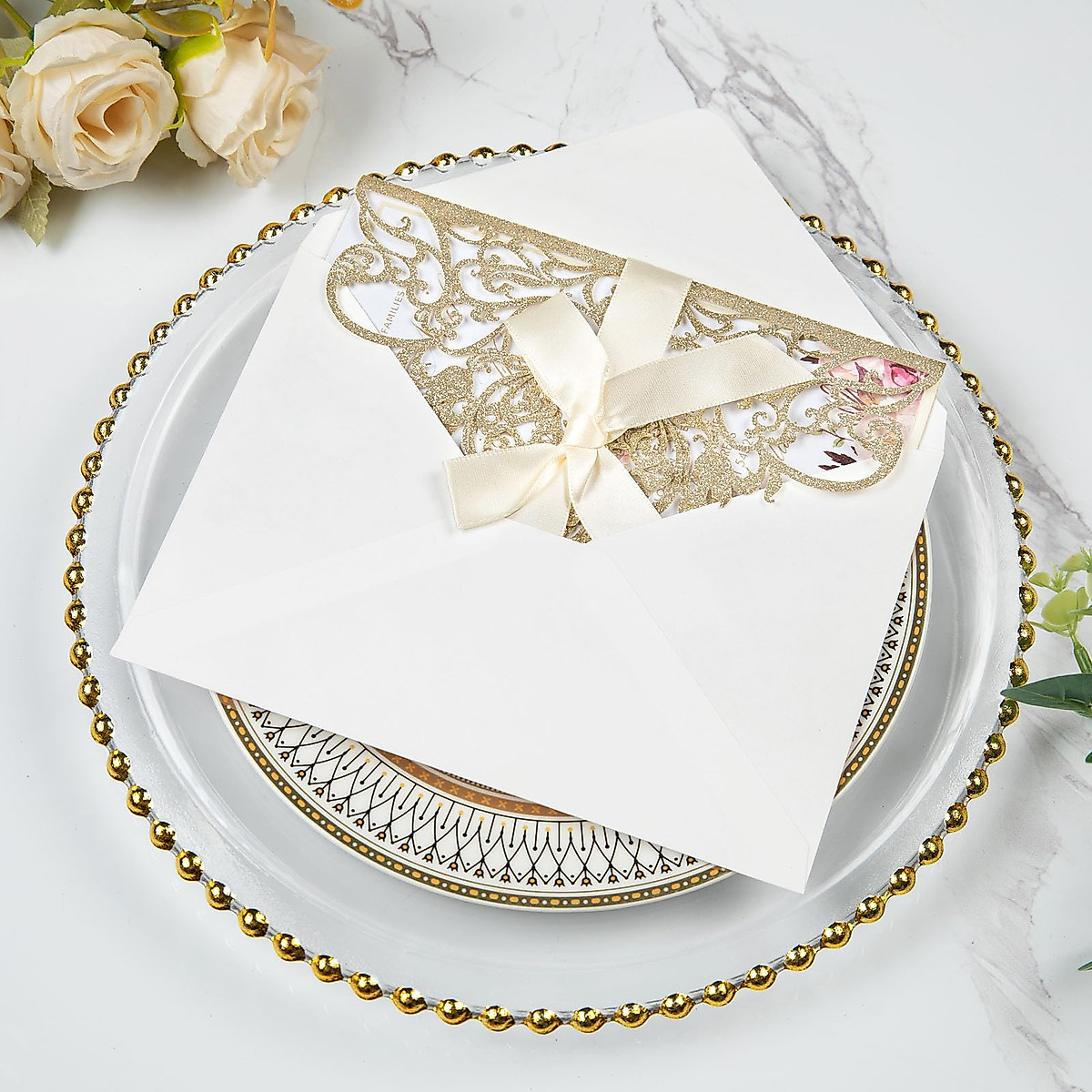 Maffily 50pcs Gold Glitter Laser Cut Invitation Pocket Blank Wedding Invitations with Envelopes And Rsvp Cards Ribbons for Wedding Quinceanera Bridal Shower Engagement Party Invite