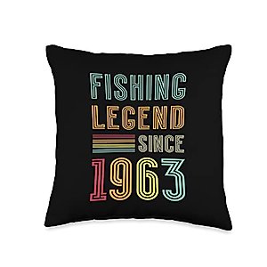 60th Birthday Gifts For Men Fishing Legend 1963 60th Birthday Fisherman Retro Vintage 1963 60 Years Fishing Throw Pillow, 16x16, Multicolor