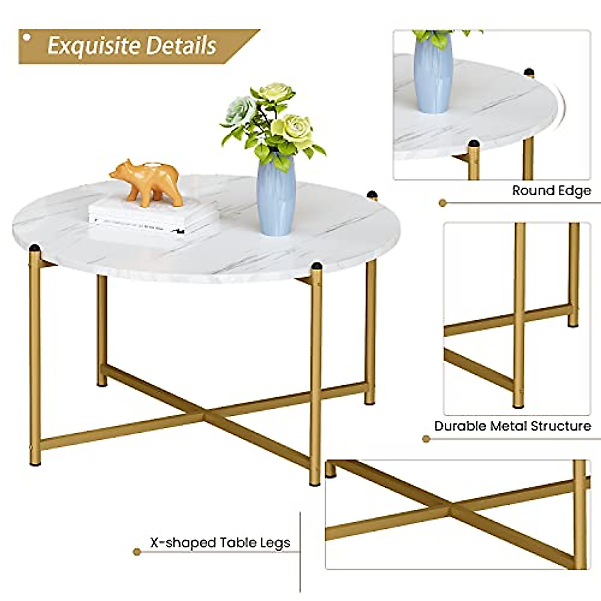 DKLGG Coffee Table Set of 3, Modern Round Coffee Table & 2pcs End Table Faux Marble Tabletop with Gold Cross Base Frame, Modern Living Room Table Sets for Apartment, Small Space (Gold)