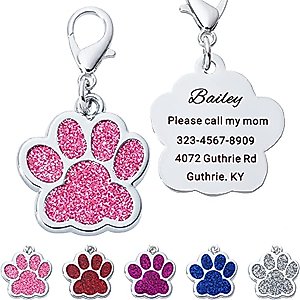 Artinst Personalized Dog Tags Up to 5 Lines of Custom Engraving for Your Pet's Name and Information Shiny and Cute Metal Paw Print Pet Id Tags (Pink)