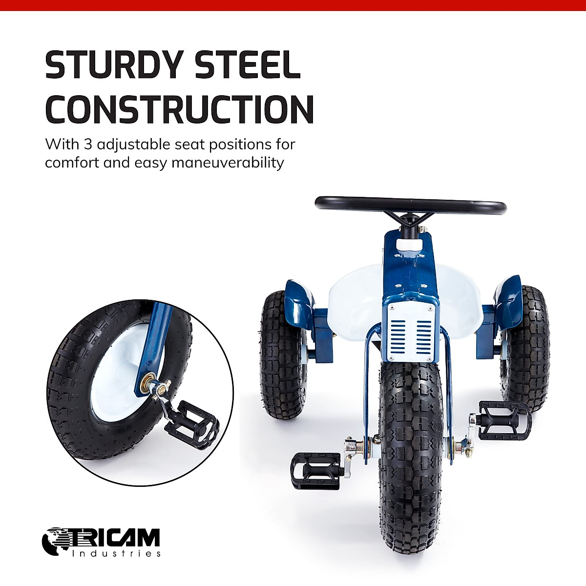 Tricam Ol' Blue Tractor Tricycle, 22 Inch Steel Toddler Bike Kids Ride On Toy with Pedals, 3 Position Adjustable Seat, & Pneumatic Rubber Wheels, Blue