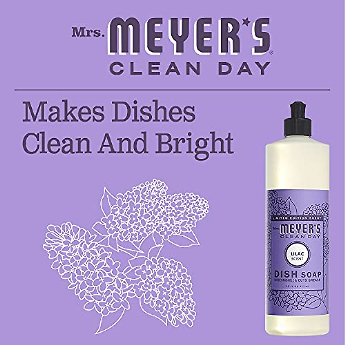 MRS. MEYER'S CLEAN DAY Liquid Dish Soap, Biodegradable Formula, Lilac, 16 fl. oz