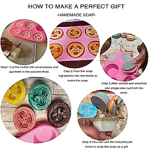 Exfoliating Loofah and Soap Mold Kit-Natural Loofah Sponges 4 Packs with Round Silicone Soap Mold Making Tray 6 Cavities for Body Back Skin Care Cleansing 5 inches Luffa with Jute Twine