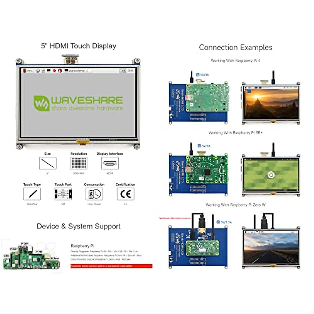 Waveshare 5inch Resistive Touch Screen LCD, 800×480, HDMI, Low Power Consumption, Compatible with Raspberry Pi 4B / 3B+ / 3A+ / 3B / 2B / 1B+ / 1A+