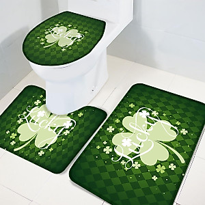Bath Rugs for Bathroom Set 3 Piece St. Patrick's Day Lucky Shamrocks Clovers Green Diamond Plaid Non-Slip Washable Memory Foam Absorbent Bath Mat Rugs,U-Shaped Toilet Floor Mats,Toilet Lid Cover