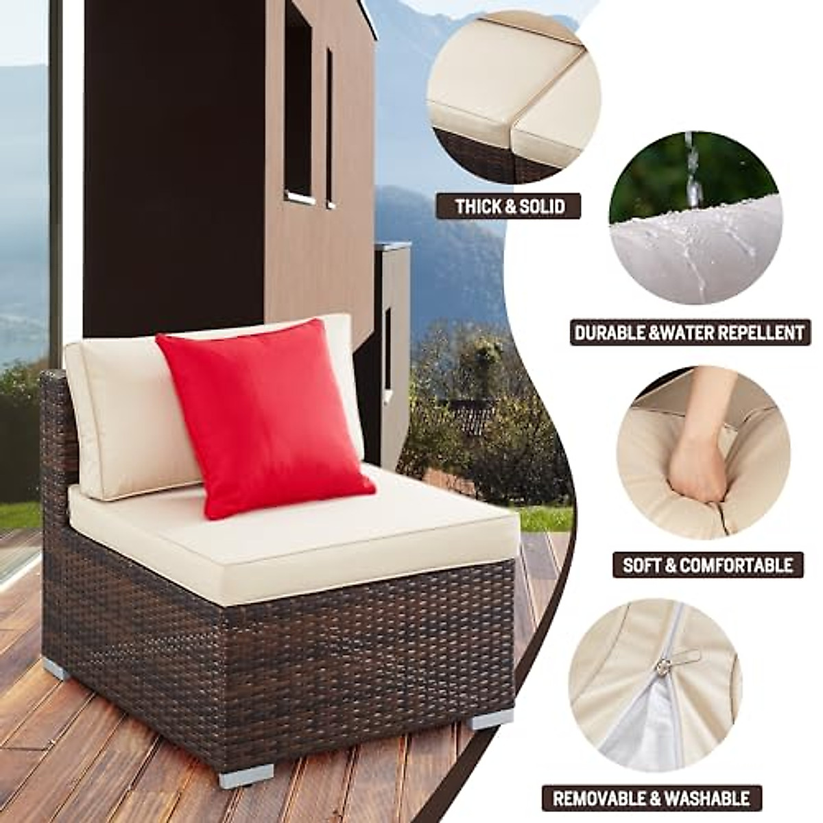 Patio Furniture Set - 7 Piece Wicker Furniture Sets - Patio Sectional Sofa All Weather Outdoor Sectional Patio Sofa - Brown PE Rattan Patio Conversation Set with Coffee Table and Beige Cushion