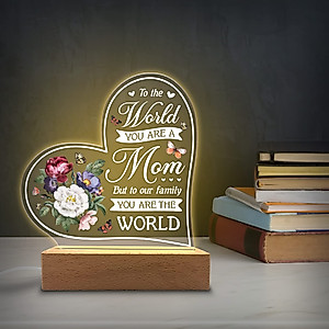 KITCHENVOY Acrylic Night Light Gift for Mother - to Our Family You are The World - Acrylic Light Gift for Mom from Son, Daughter on Mothers Day - Birthday Gifts to Mom