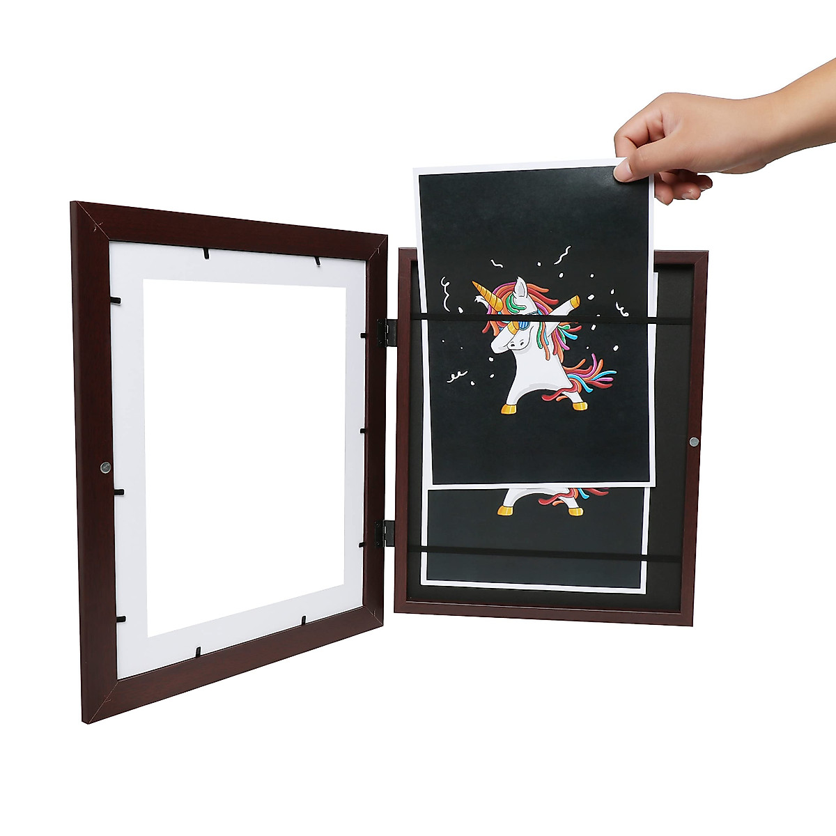 FrameWorks 10” x 12.5” Mahogany Wooden Kid Art Frame with Gallery Style Edges, Tempered Glass, and Elastic Straps