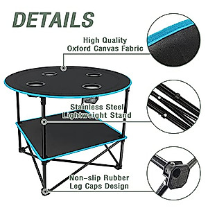 LESES Folding Camping Table Portable Picnic Table Tailgating Table with 4 Cup Holders and Storage Bag for Fishing，Beach，Outdoors，Picnic and Hiking (Black&Blue)