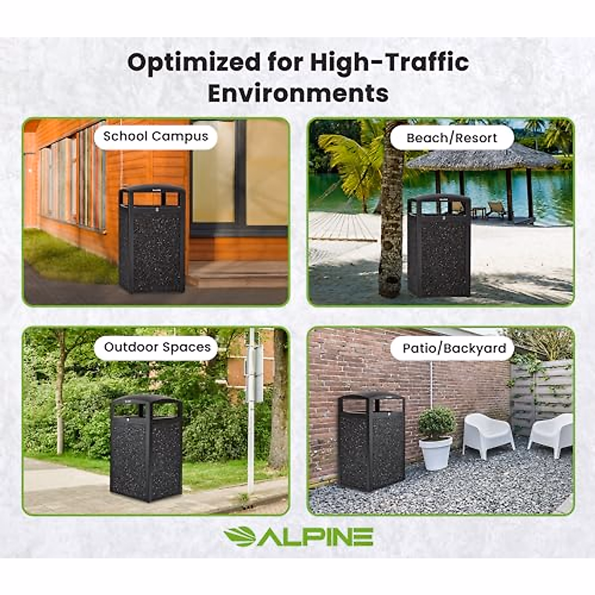Alpine Indoor & Outdoor Commercial Trash Can with Lid - 40 Gallon Heavy Duty Metal Garbage Can with Removable Bin, Locking Lid for a Modern Look in Patio, Pool, Deck, Office Black, Grey Stone Panels