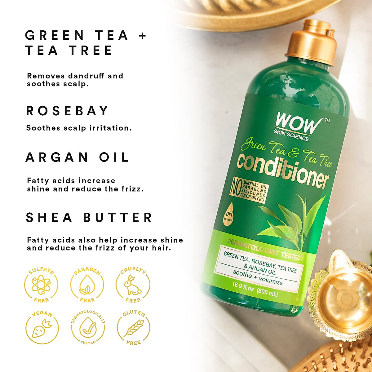 WOW Skin Science Green Tea & Tea Tree Conditioner - Anti-Dandruff, Anti-thinning - Detox Hair and Exfoliate Scalp - Hair Thickening - Paraben & Sulfate Free- All Hair Types (16.9 Fl Oz / 500ml)