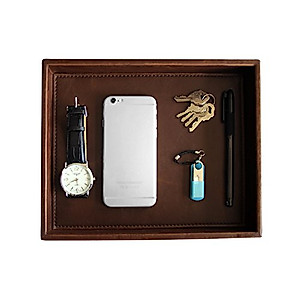 HofferRuffer Decorative Vanity Tray, Desktop Storage Organizer, Catchall Tray, Valet Tray, Nightstand or Dresser Organizer, PU Faux Leather Bathroom Tray, Brown, 10.2 x 8.4 x 1.8 inches