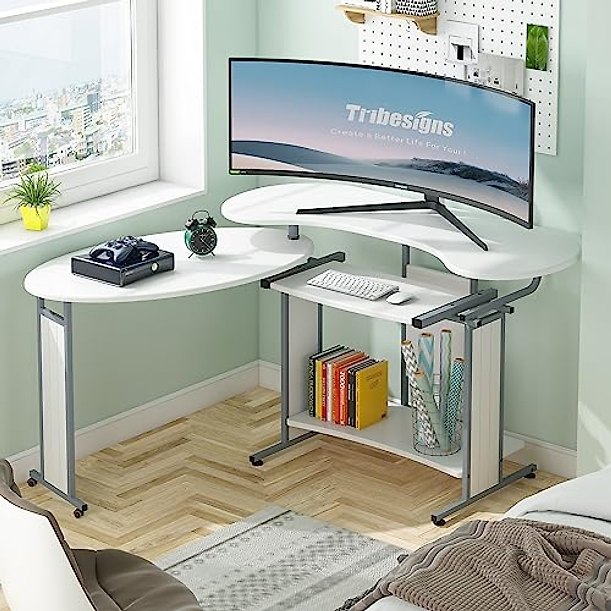 LITTLE TREE L-Shaped Computer Desk, Rotating Corner Desk & Modern Office Study Workstation, for Home Office or Living Room (White)