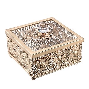 Hipiwe Vintage Gold Jewelry Box with Glass Lid Mirrored Trinket Box Square Hollow Out Metal Decorative Box for Rings Earrings Antique Treasure Chest Box Keepsake Box Gift for Girls & Women
