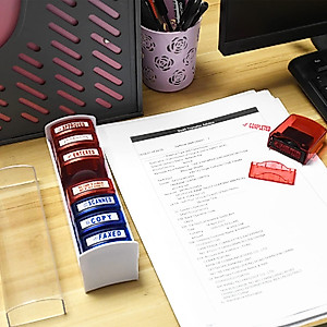 Bertiveny Self Inking Office Stamp Set for Approved Paid Completed Copy Faxed Scanned Stamps, Rubber Business Stamp 8 PCS with Plastic Tray Message Account Stamp Paper Work Text Ink Stampers