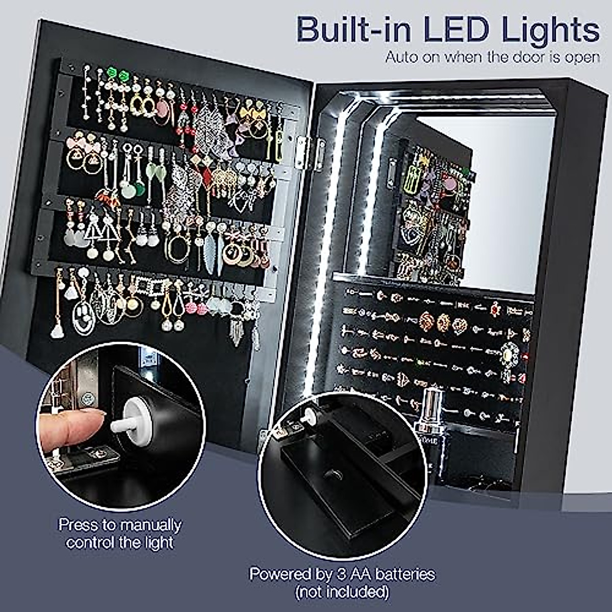 CHARMAID Jewelry Cabinet with LED Light Strip, 62.5'' Floor Jewelry Armoire with High Full Length Mirror, Vanity Mirror, Foldable Makeup Shelf, Jewelry Organizer Storage with 6 Drawers (Black)