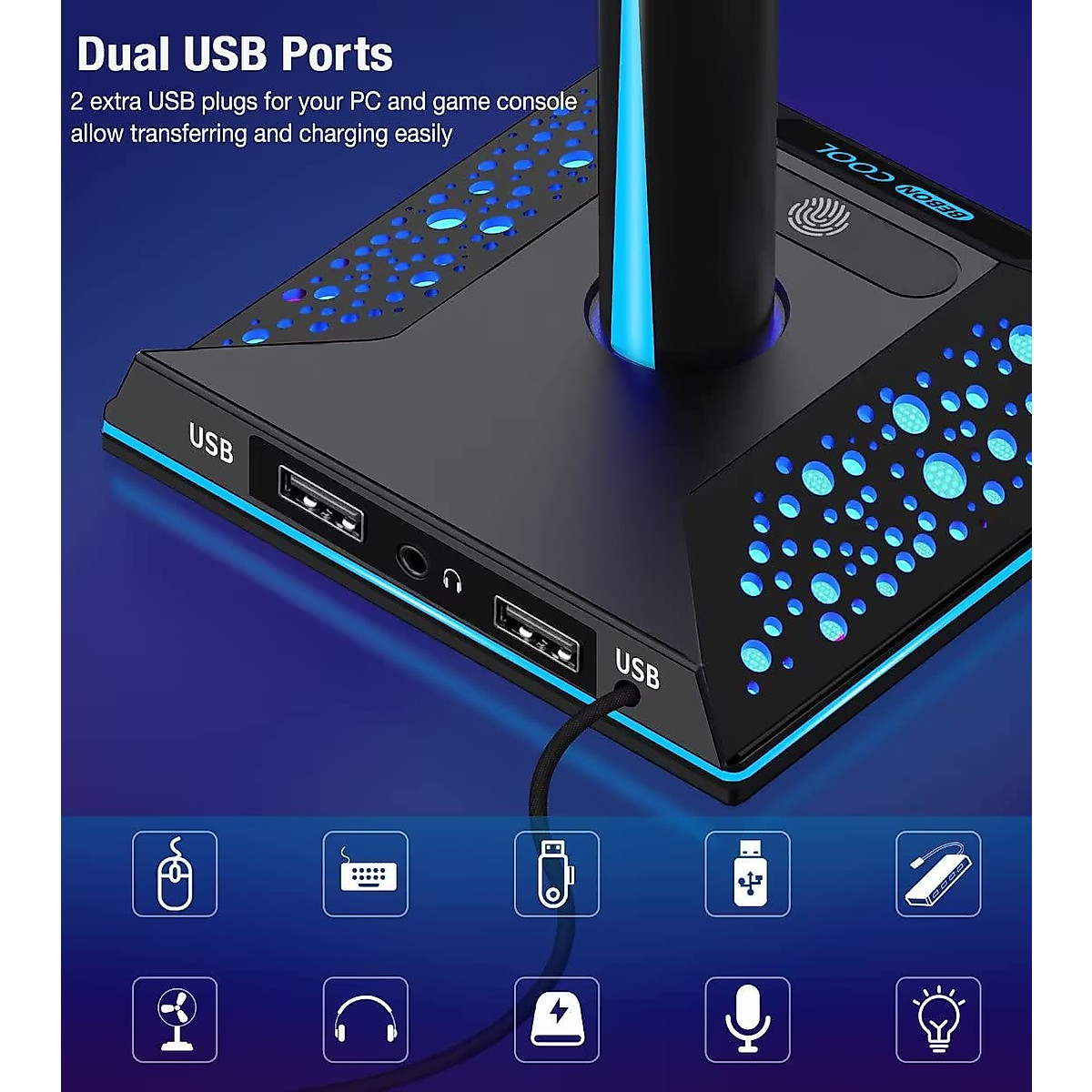 EUROA Headphone Stand Gaming Desk Headset Stand Holder with 10 RGB Lights, Head Set Desk Hook Gift Accessories for Gamer, Backpack Gaming Headpones Stand with 2 USB Charing Ports