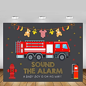 MEHOFOND Fire Truck Boy Baby Shower Photo Backdrop Firetruck Sound The Alarm Firefighter Little Fireman Red and Black Party Decorations Photography Background Banner for Dessert Table Supplies 7x5ft