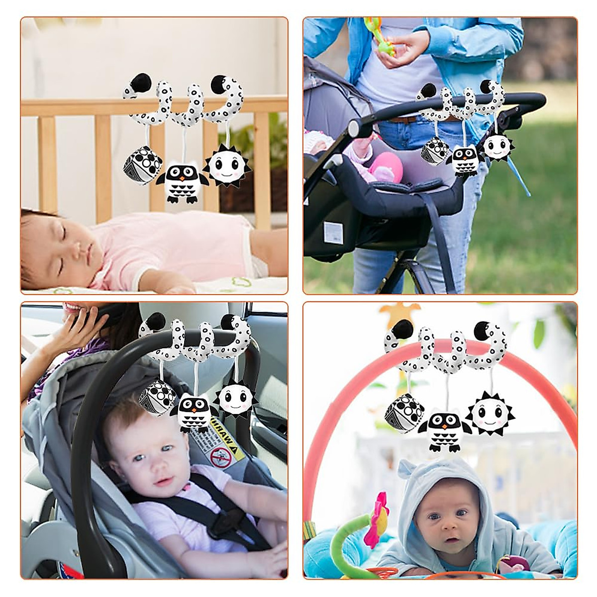 Hanging Toys for Car Seat Crib Mobile, Infant Baby Spiral Plush Toys for Crib Bed Stroller Car Seat Bar - Black and White Color Toy with Rattles Owl BB Squeaker Sun