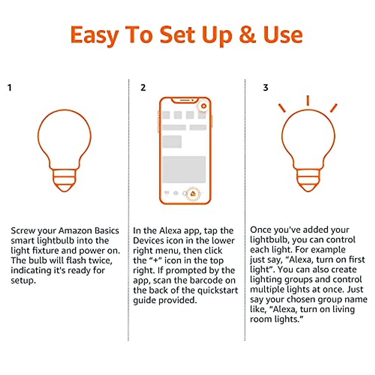 Amazon Basics Smart A19 LED Light Bulb, Color Changing, 60W Equivalent, 800LM, Works with Alexa Only, 2.4 GHz Wi-Fi, No Hub Required, 4-Pack