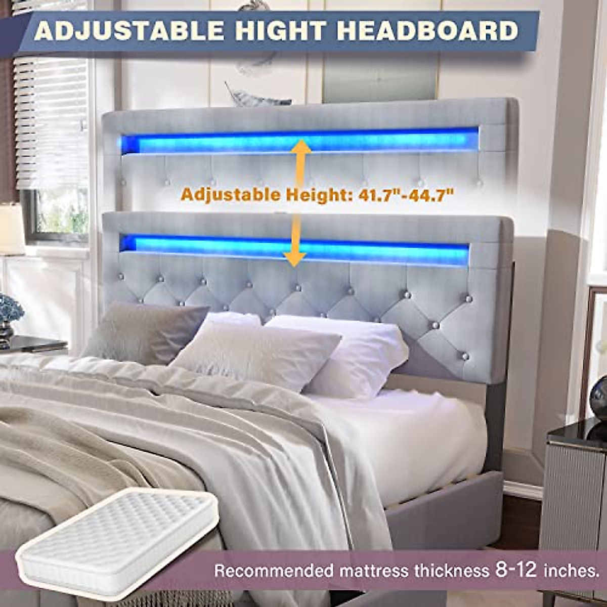 HOMFAMILIA Queen LED Bed Frame with 4 Storage Drawers and 2 USB Ports, Modern Adjustable Upholstered Button Tufted Headboard, Solid Wooden Slat Support, No Box Spring Needed(Light Grey)