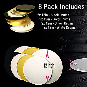 YAARA - 8 Pack 12 Inch Cake Drums in 4 Colors, Black Gold Silver & White Drums. 1/2 Inch Thick with Smooth Edge. Cake boards and its Reusable. Bases Para Pasteles