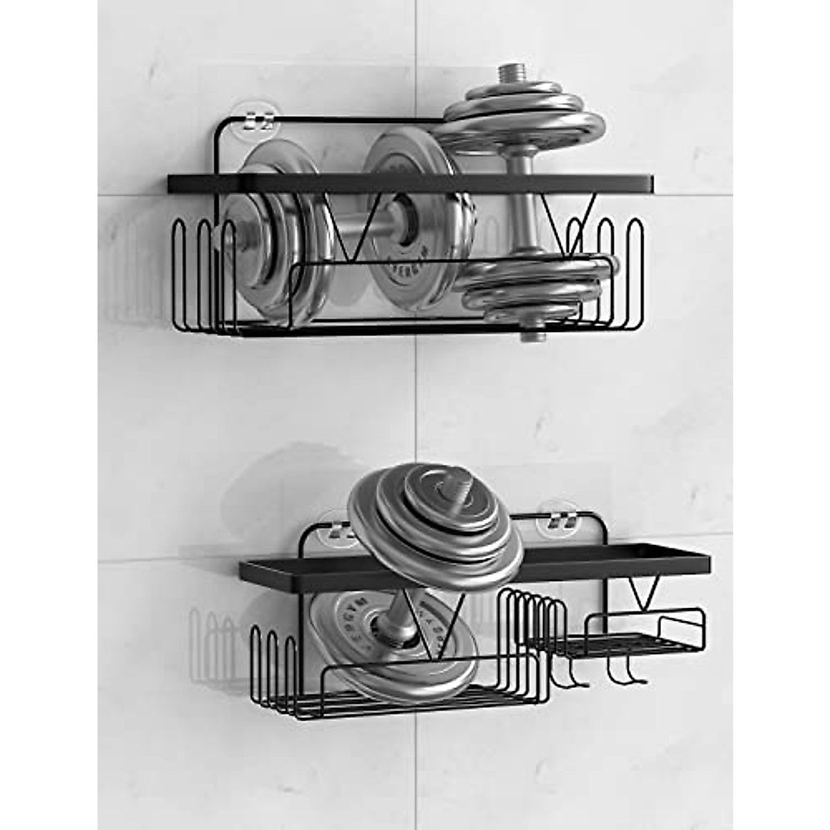 2-Pack Shower Caddy with Hooks Adhesive Shelf Shower Organizer Bathtub Storage Accessories, No Drilling Wall Mounted Stainless Steel Shower Shelves for Inside Shower for Bathtub and Kitchen, Black