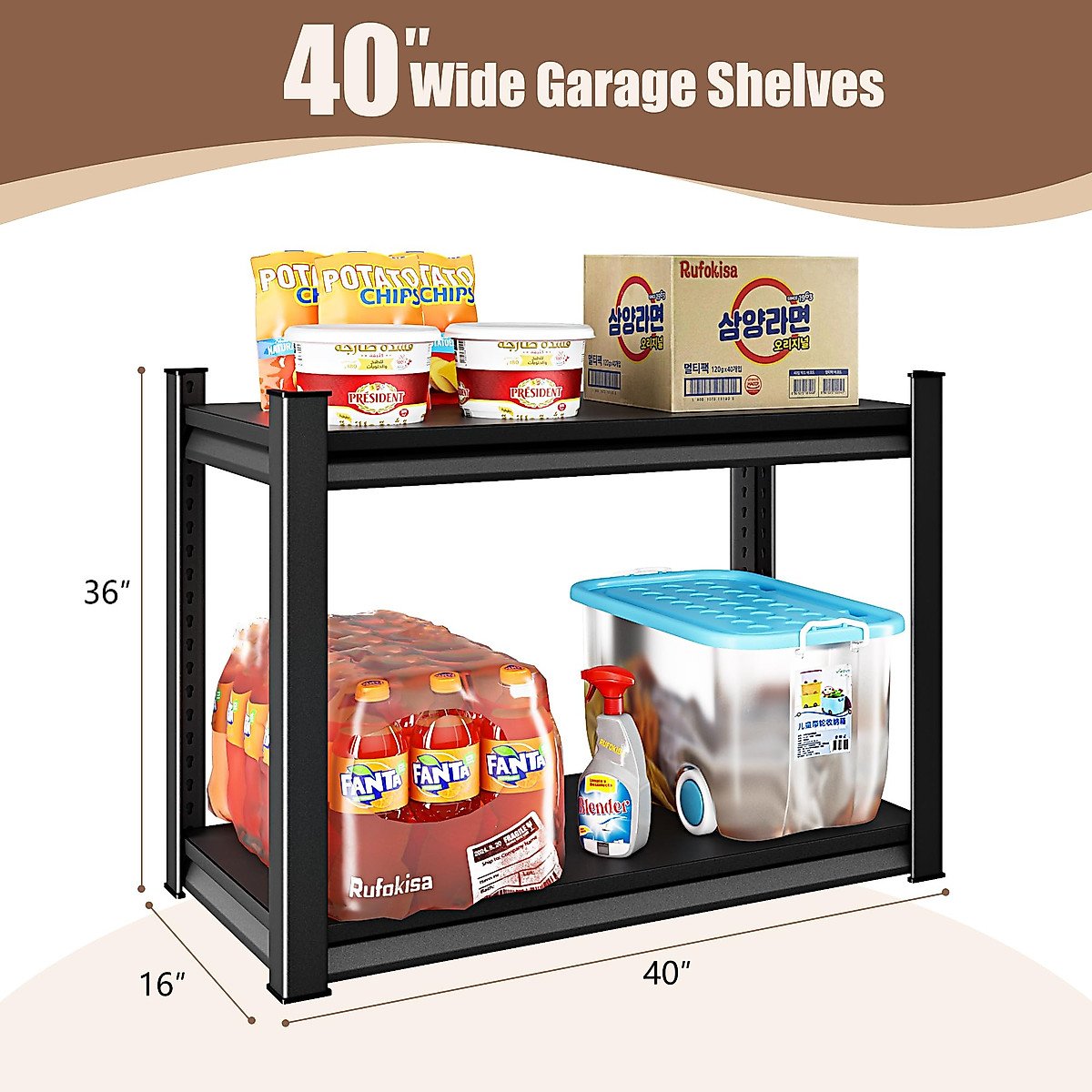 Rufokisa 40" W 2-Tier Garage Shelving Heavy Duty, 1000LBS Loads Garage Storage Shelves, Metal Shelving Units and Storage Racks, Industrial Utility Shelf Heavy Duty,40" Wx16 Dx36 H, Black
