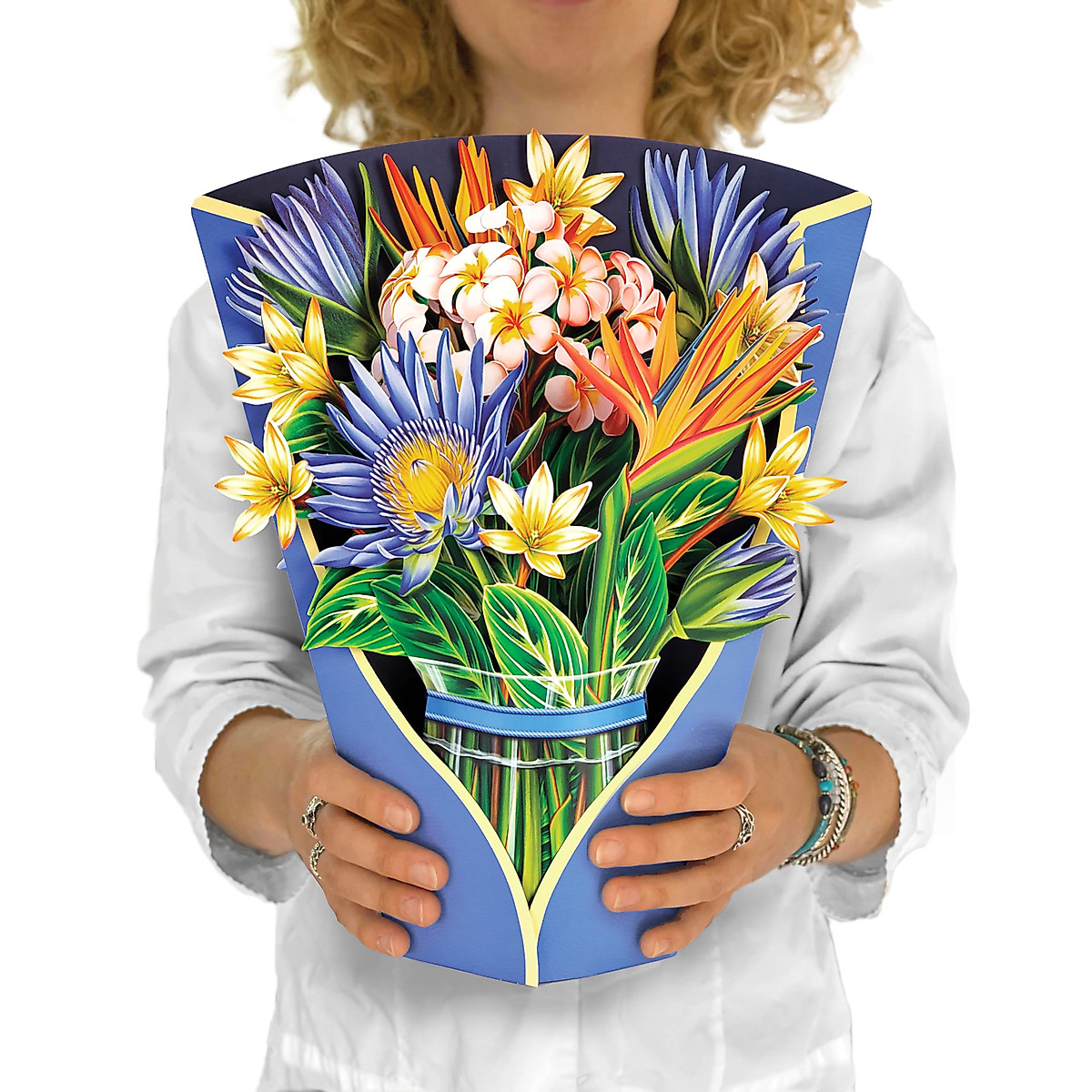 Freshcut Paper Pop Up Cards, Tropical Bloom, 12 inch Life Sized Forever Flower Bouquet 3D Popup Greeting Cards with Note Card and Envelope - Birds of Paradise & Lotus Blossom Flowers