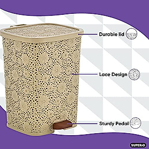 Compact Plastic Step-On Trash Can, Indoor and Outdoor Waste Bin with Foot Pedal, Beige Decorative Garbage Bin with Lace Design, 6 Qt Small Trash Can for Kitchen, Bathroom, Bedroom, Patio, Yard