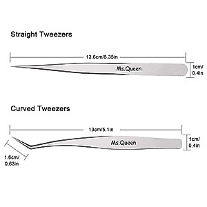 Eyelash Extension Tweezers - Professional 2 Pcs Straight and Curved Pointed Tweezers - Precision Crafted Tweezers for 3D-6D Volume False Eyelashes Extensions with Aluminum Storage Case- Ms.Queen