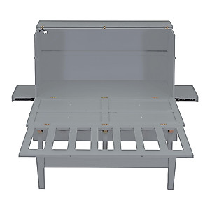 Queen Size Mobile Murphy Bed Chest, Foldable Platform Bed Folded into Cabinet, Wood Murphy Bed Frame with Movable Shelves and USB Port, Bedroom Furniture Versatile Chest Bed Folding Bed (Gray Bed)