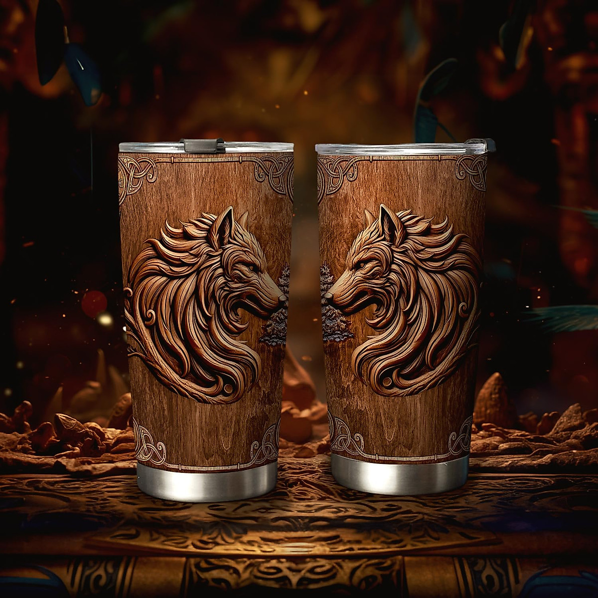 20oz Wooden Viking Wolf Tumbler, Norse Mythology, Viking Gifts for Men, Gifts for Wolf Lovers, Coffee Thermos, Stainless Steel Double Wall Vacuum Insulated Coffee Mug, Travel Cup with Lid