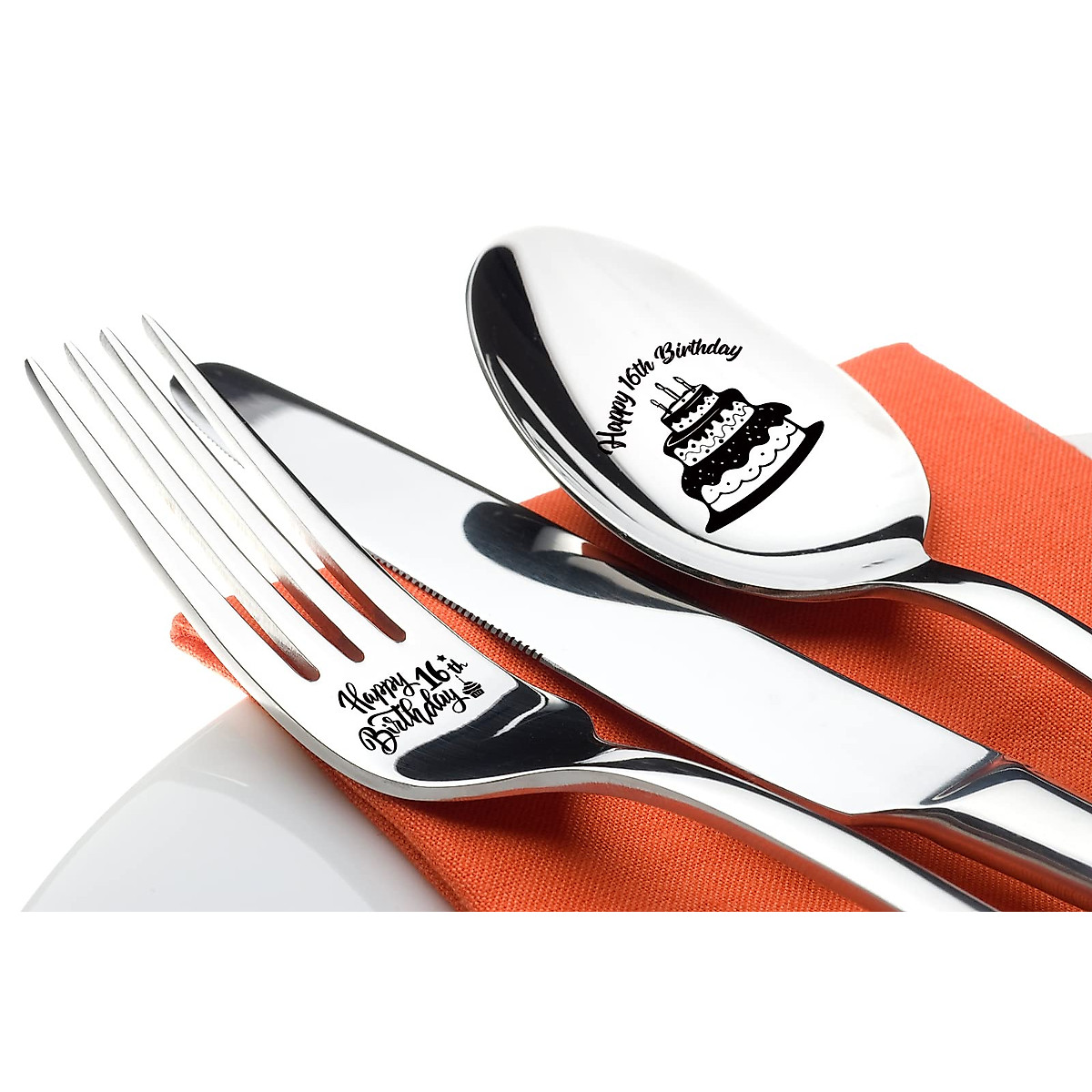2 Pieces Happy 16th Birthday Stainless Engraved Spoon Fork Set, 16 Years Old Long Handle Dinner Spoop Fork Set Gift for Friends, Daughter, Teen, Birthday Graduation Christmas