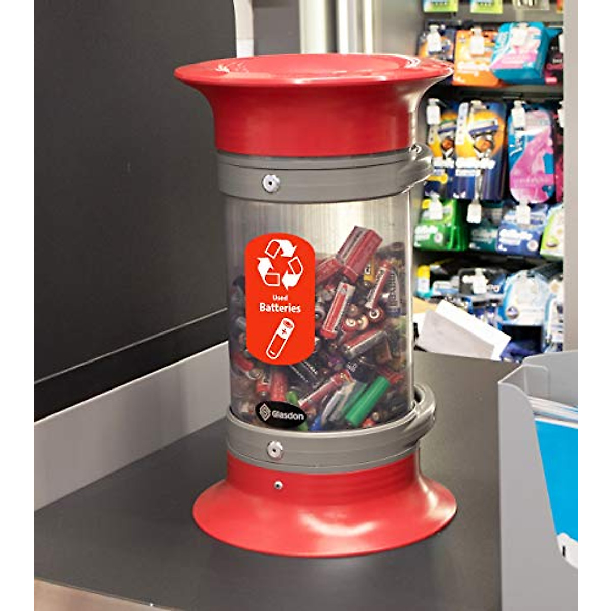 Glasdon C-Thru 5Q Battery Recycling Bin (Red) – Transparent Battery Disposal Container – Small 5Q Red Battery Recycling Tube