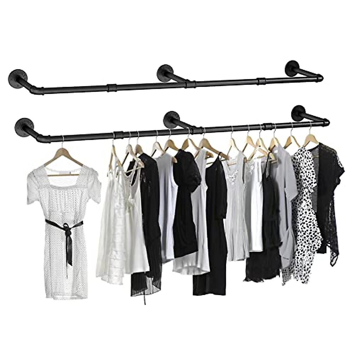roundki Clothing Rack Wall Mounted, 70in Industrial Pipe Clothes Racks for Hanging Clothes, Heavy Duty Pipe Hanging Rod Garment Rack Bar for Closet Laundry, Max Load 145LbS Metal Black (2)