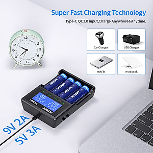 XTAR VC4H Battery Charger Smart LCD Display Universal Battery Charger 4 Slots Fast Charging for Rechargeable Batteries 3.6V/3.7V Li-ion18650 20700 21700 26650,1.2V Ni-MH/Ni-CD AAAA AAA AA Batteries