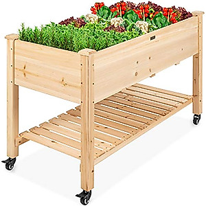 Best Choice Products Raised Garden Bed 48x24x32-inch Mobile Elevated Wood Planter w/Lockable Wheels, Storage Shelf, Protective Liner - Natural