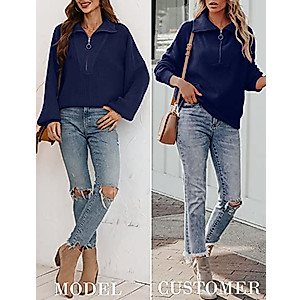 NATACATA Women's Half Zip Pullover Sweater Balloon Long Sleeve V Neck Collar Oversized Knit Fall Winter Tops Navy S