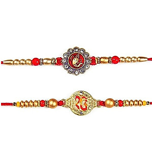 ARTISENIA Set of 2 Rakhi for Brother with Raksha Bandhan Greeting Card | Roli Chawal Tika - Raksha Bandhan Ek Onkar Rakhi for Brother | Rakhi for Bhaiya | Ganesha Rakhi Thread RNJ0025