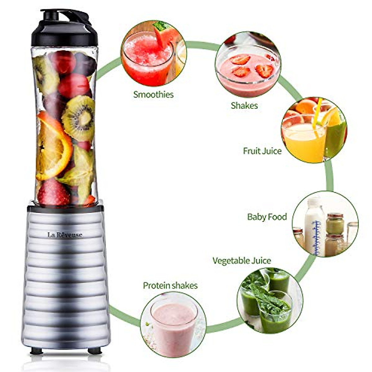 La Reveuse Smoothies Blender 300 Watt with 18 oz BPA-Free Portable Travel Sports Bottle (Silver)