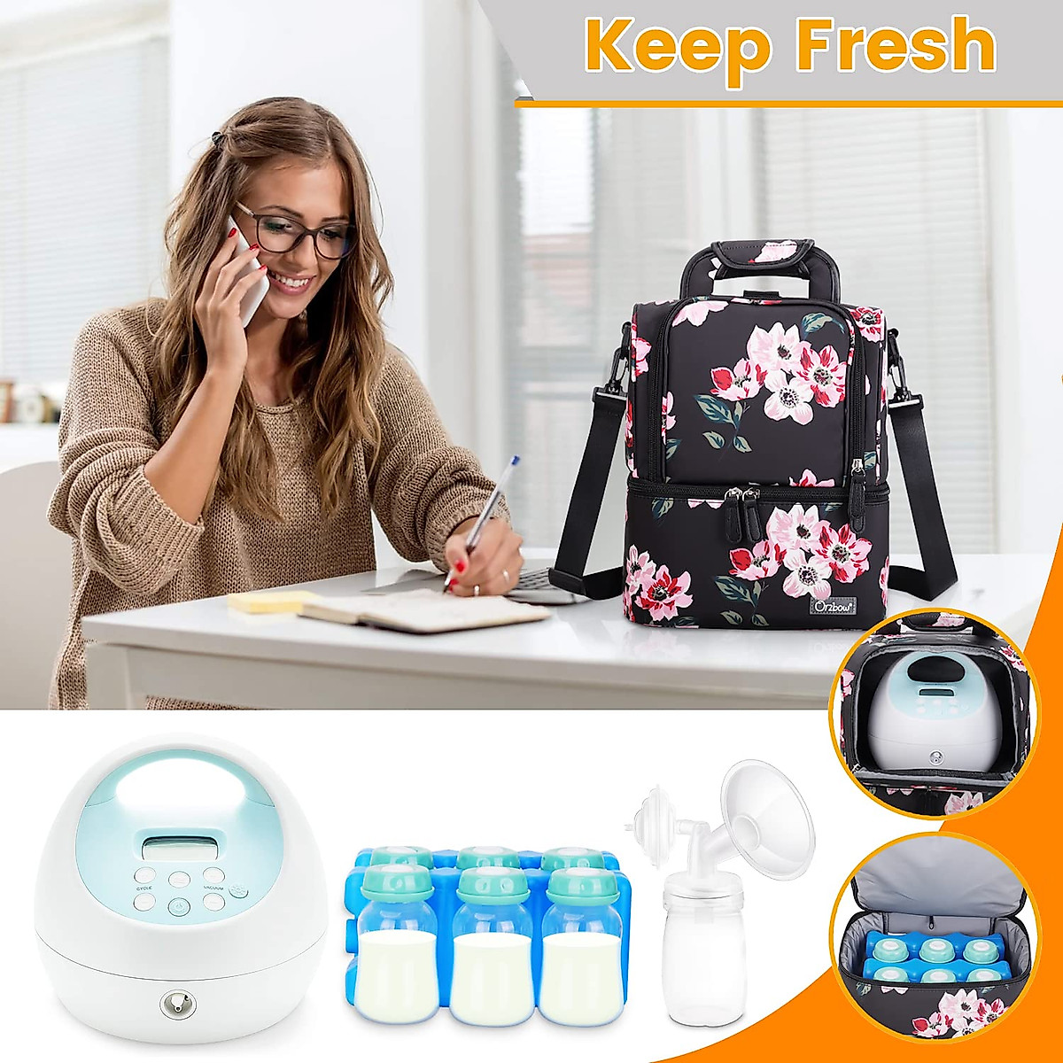 Orzbow Diaper Bag Backpack Tote,Fits Most Breast Milk Storing Bags, Double Layer for Working Moms