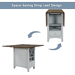 XD Designs Farmhouse 5-Piece Counter Height Dining Table Set, Soild Wood Drop Leaf Kitchen with Wine Rack & Drawers, 4 Chairs Ladder Full Back, Space-Saving (Cherry+Gray)