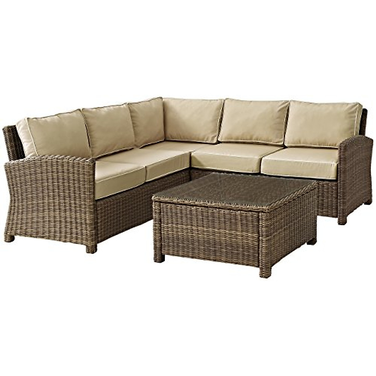 Crosley Furniture Bradenton 4-Piece Outdoor Sectional Sofa Wicker Conversation Patio Furniture Set for Deck, Brown with Sand Cushions