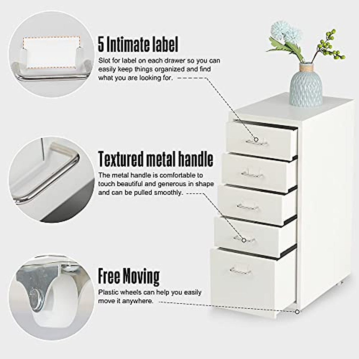 LONABR 5 Drawer Chest Metal Storage Dresser Cabinet with Wheels & Handle Slim Night Table for Home Office Cabinets,White