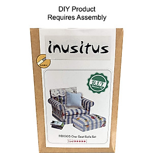 Dollhouse DIY Kit, Sofa Chair with Ottoman, Miniature Living Room Furniture Armchair, Blue White Fabric, Accessories for 3 to 4 inch Dolls, 1/24 Scale