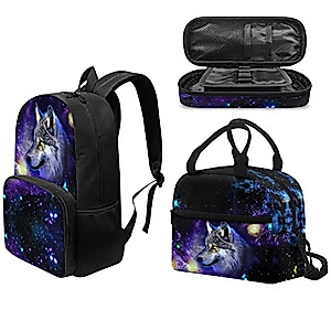 Renewold 3 Pack Galaxy Wolf Print Kids Backpack Set Child Teens Bookbag Student Book Bag Set Daypack with Lunch Box Pencil Case Set for Primary Middle School Girls Boys Lightweight
