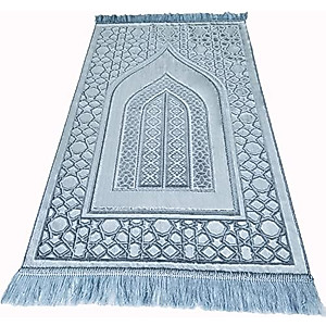 Durable Prayer Rug Muslim Mat Islamic - Luxurious Velvet Turkish Prayer Rug Sajadah for Kids Men Women for Eid Travel Ramadan, Soft and Luxury (Blue)