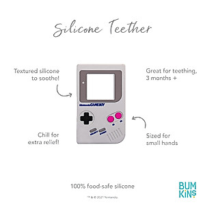 Bumkins Baby Teething Freezer Toy Keys Rings, Soft Flexible Silicone Pacifier, Safe to Chew, Cool Teether Gum Relief, Essentials for Babies 3 Months, Freezable, Sensory Textured, Nintendo Gameboy