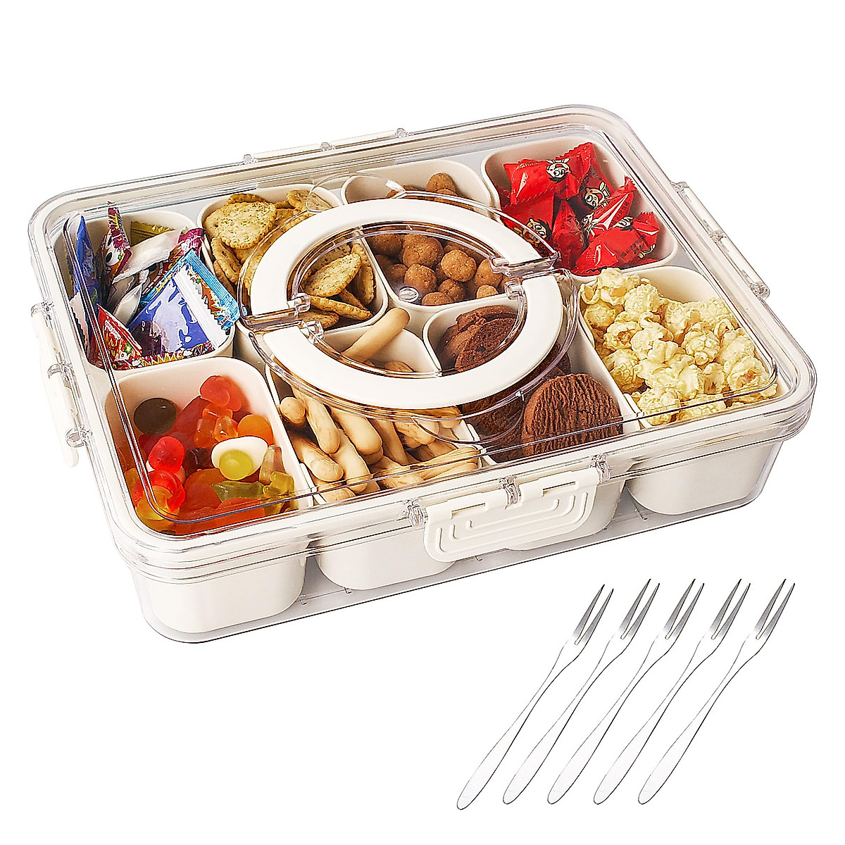 Farest Divided Veggie Tray with Lid and Handle,Portable 8 Compartment Serving Tray with Dividers,Snack Containers,Snack Box for Food,Veggie, Condiments,Candy,Nuts,Picnic,Parties,2 Pack